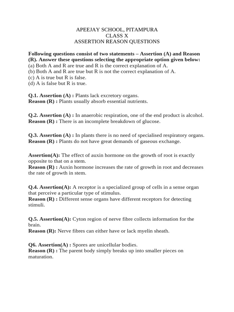 Assertion Reason Questions Pdf 0515