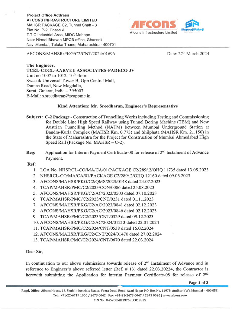 AFCONS-MAHSR-PKG-C2-CNT-2024-01696 Application For IPC-08 For Release ...