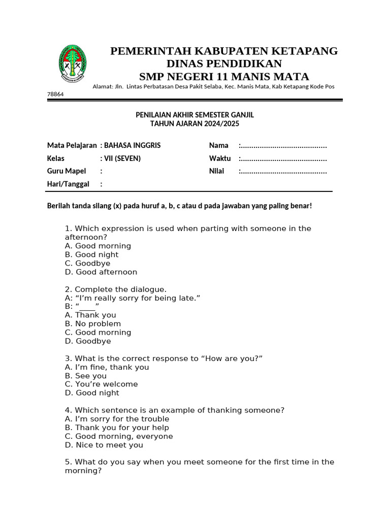 Soal Ulangan Bahasa Inggris Kls 7 Sm1 | PDF