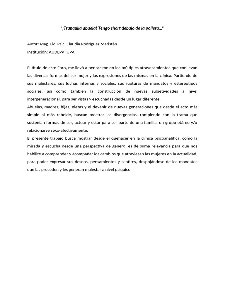 "¡Tranquila Abuela! Tengo Short Debajo de La Pollera " Mag. Lic. Psic. Claudia Rodríguez ...