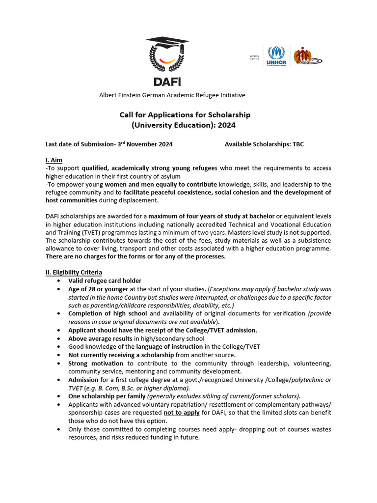 DAFI Notice - 2024 | PDF | Refugee | College