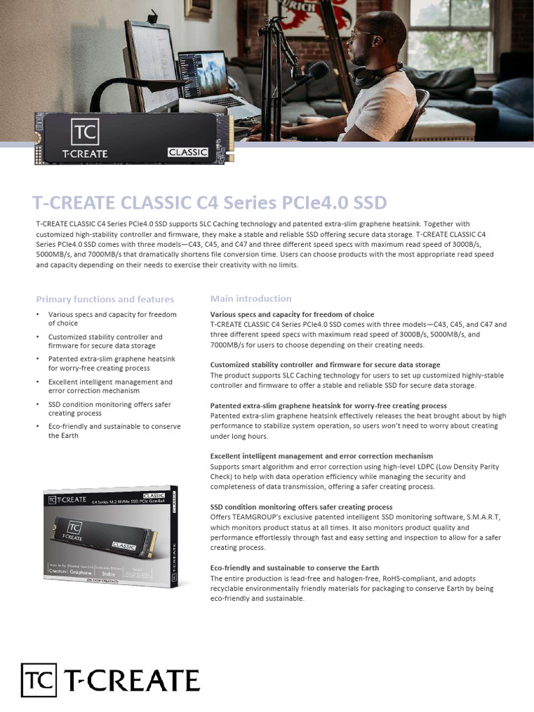 T-Create Classic C4 Series Pcie4.0 SSD: Primary Functions and Features Main Introduction | PDF ...
