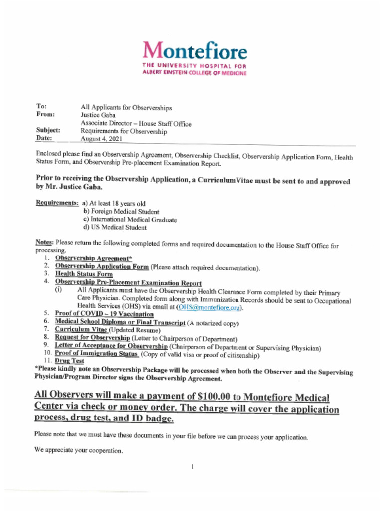 Requirements For Observership at MMC | PDF