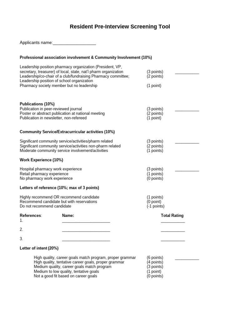 Resident Pre Interview Screening Tool | PDF | Pharmaceutical Sciences ...