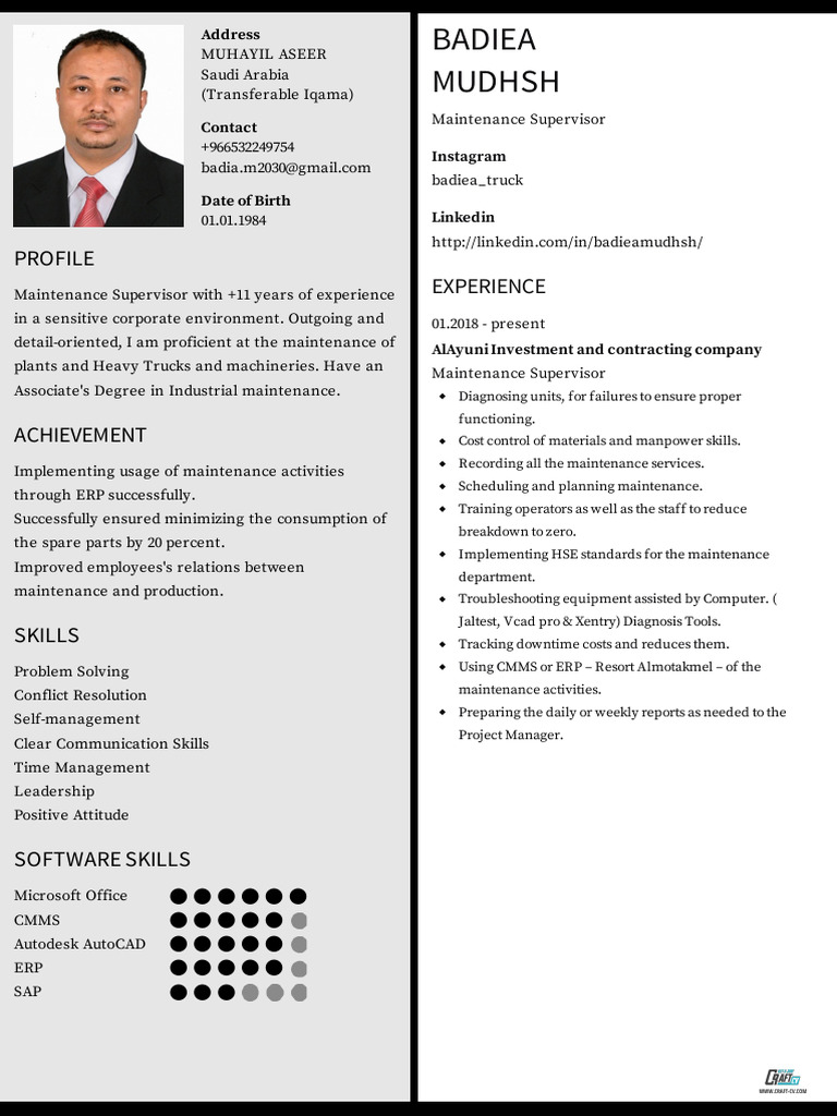 Maintenance Supervisor CV | PDF | Enterprise Resource Planning
