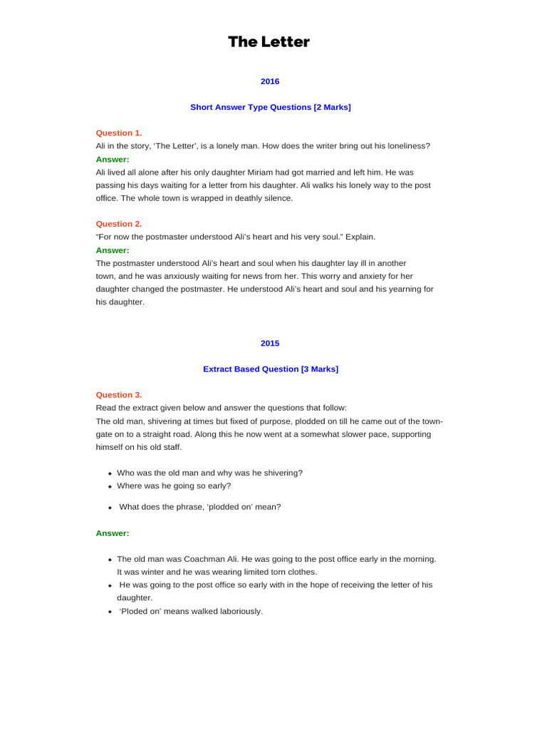 Class 10 English: The Letter Q&A | PDF