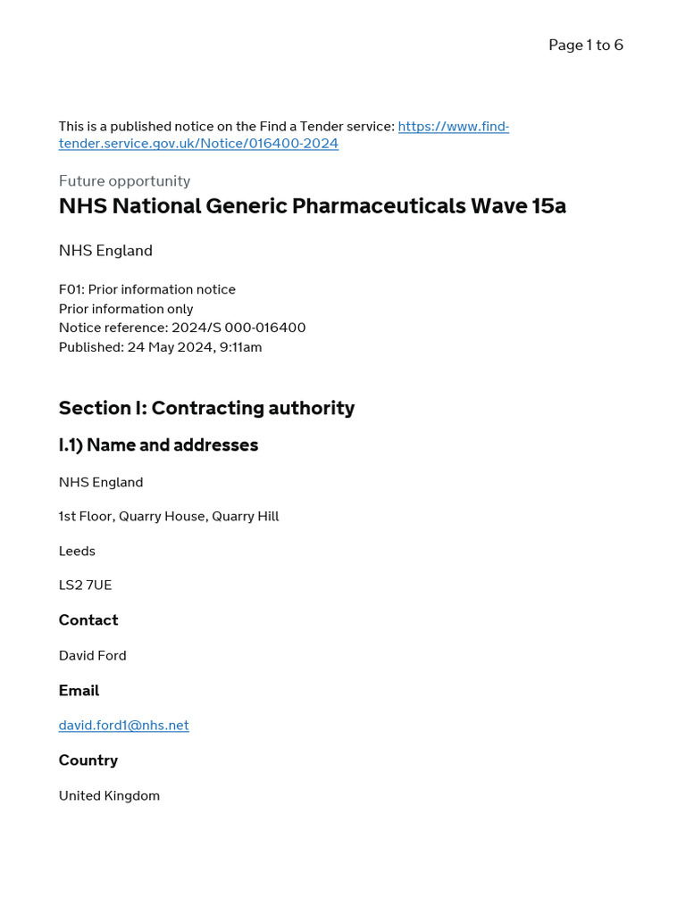 NHS National Generic Pharmaceuticals Wave 15a: Section I: Contracting ...