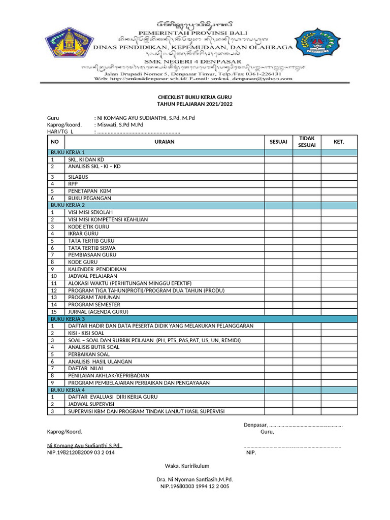 CHECKLIST Buku Kerja Guru 2021-2022 | PDF