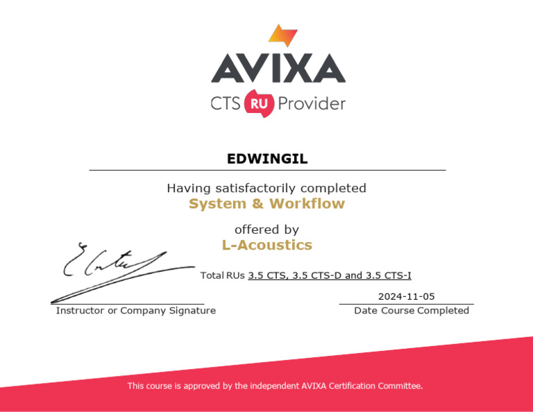 Avixa Certificate EDWINGIL 2024-11-05 | PDF | Business | Computers