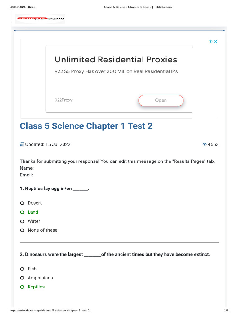 Class 5 Science Chapter 1 Test 2 | PDF | Amphibian | Vertebrates