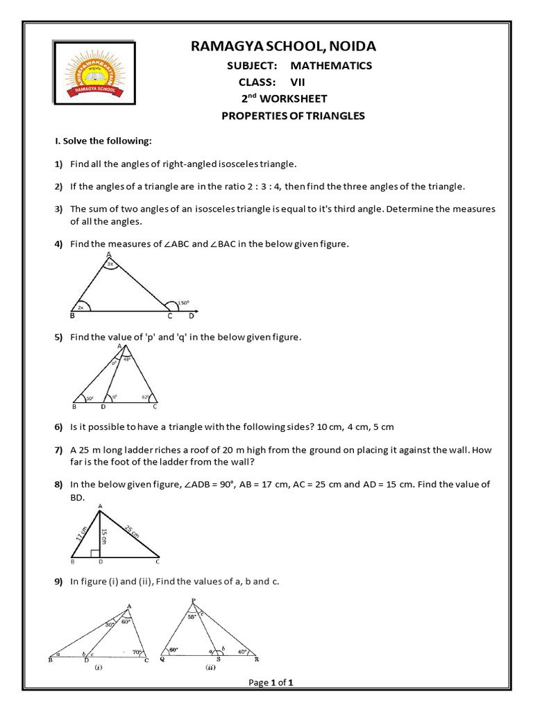 Class 7 Revision 2nd Worksheet Properties of Triangles1 | PDF