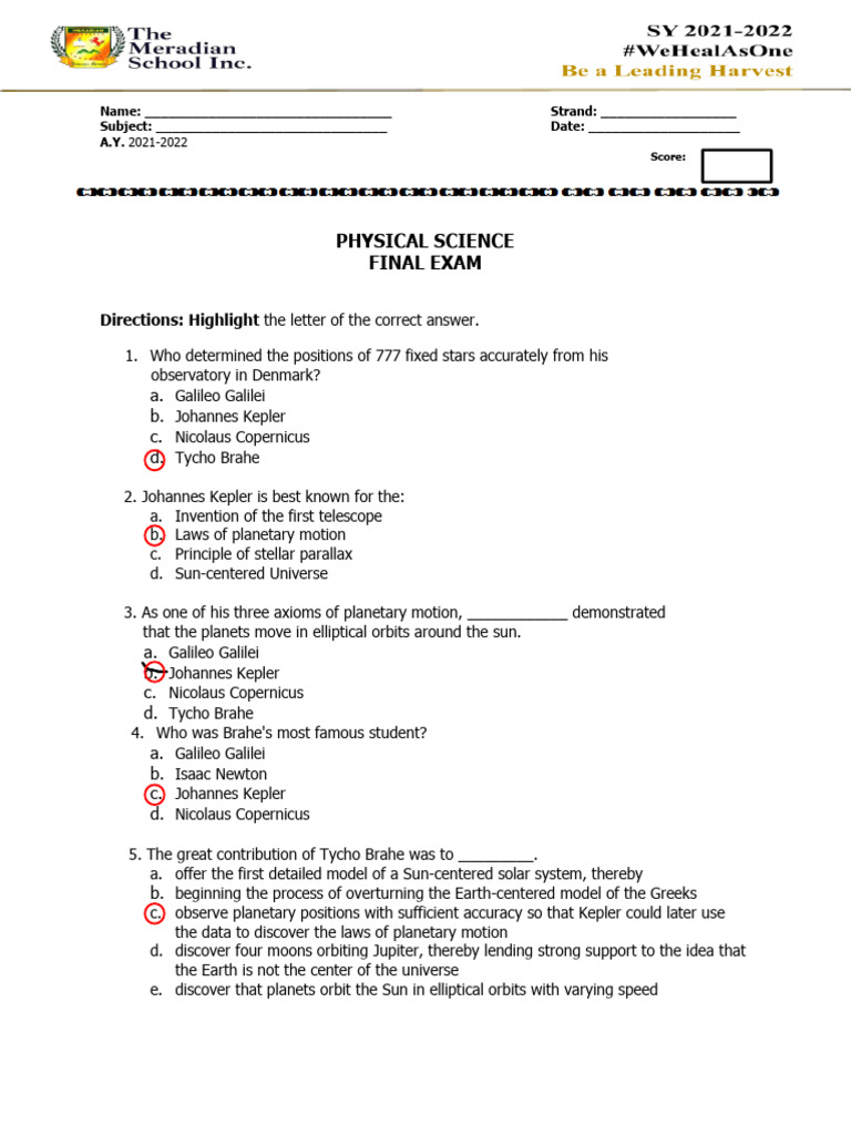 Physical Science Final Exam Review | PDF | Johannes Kepler | Moon