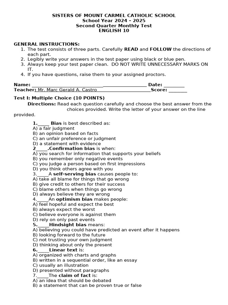 ENGLISH 10 2nd QUARTER MONTHLY TEST | PDF | Bias | Cognitive Psychology