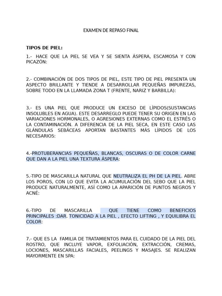 Examen de Repaso Final | PDF | Piel