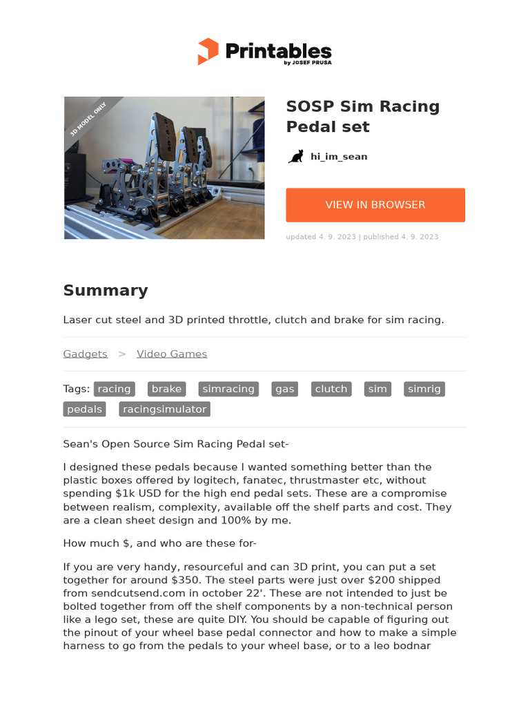 Sosp Sim Racing Pedal Set | PDF