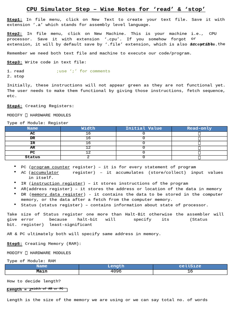 CPU Simulator Step-Wise Notes | PDF | Central Processing Unit ...
