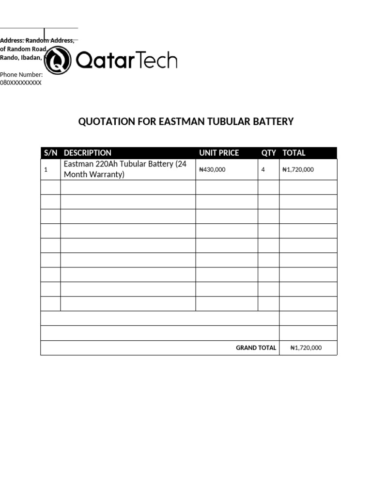 Qatartech - Quotation For Eastman Tubular Battery | PDF