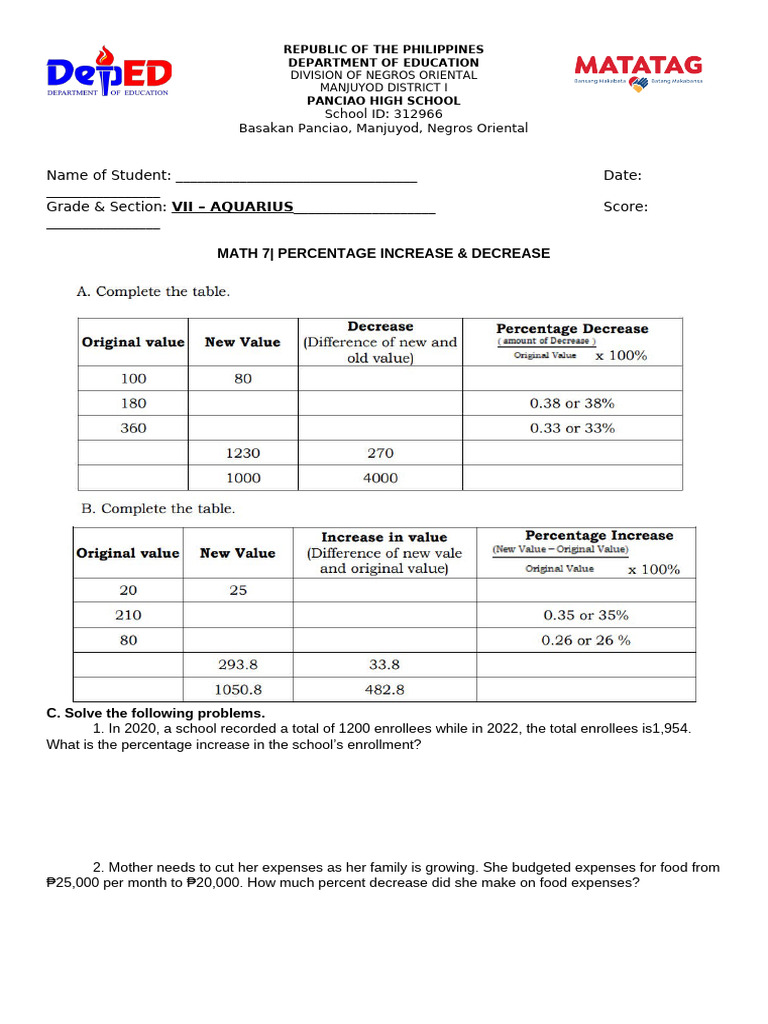 Q1 w3 - Percentage Increase & Decrease | PDF