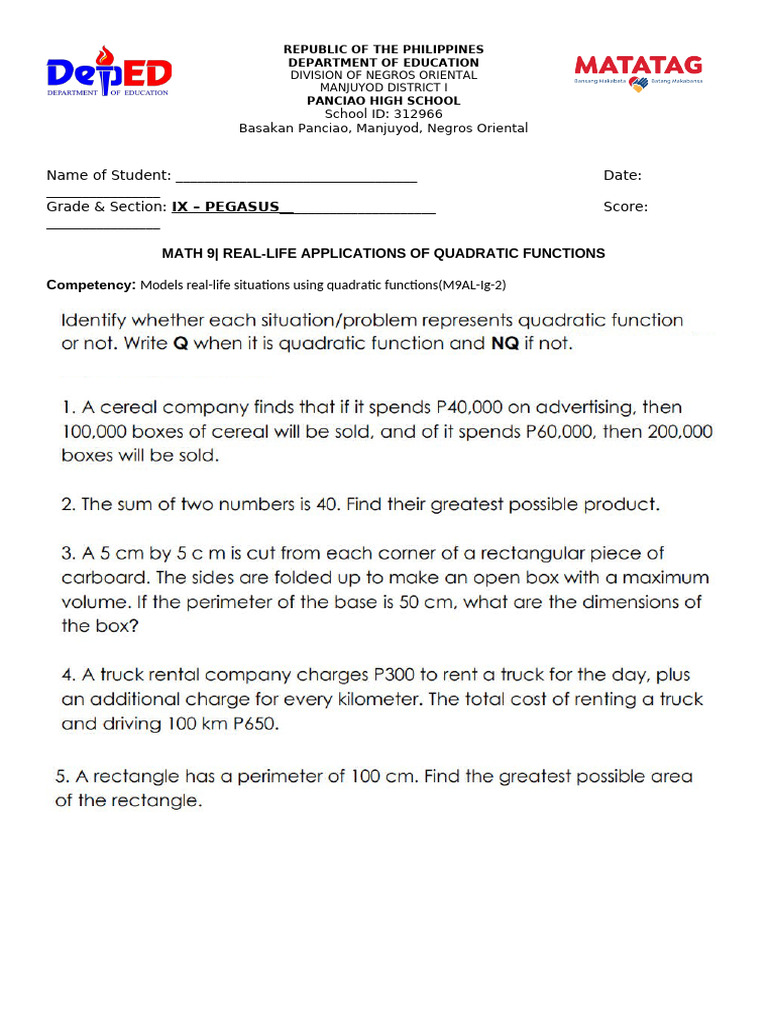 Q1 Real Life Application Quadratic Functions | PDF