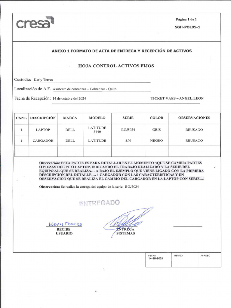 Acta de Entrega Kely Torres | PDF