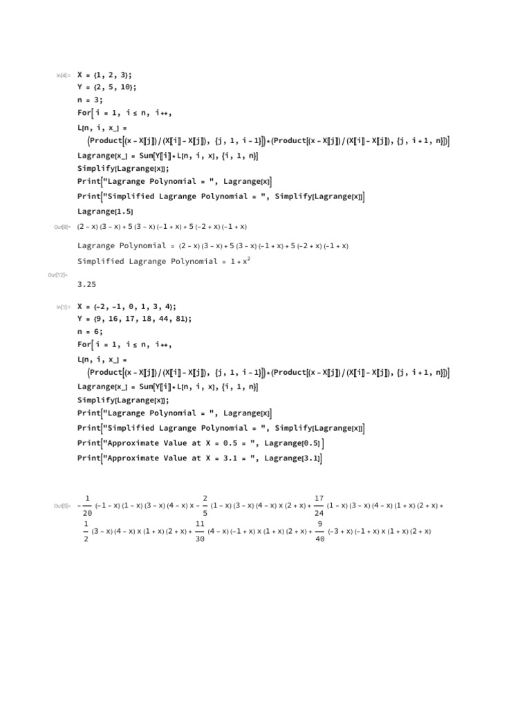 LAGRANGE INTERPOLATION Wolfram Codes | PDF | Applied Mathematics | Numerical Analysis