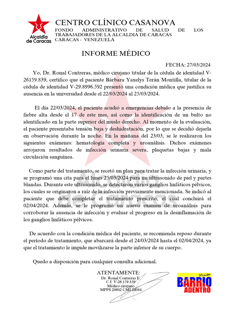 Informe Medico de Reposo, Barfbara Teran CCCN | PDF