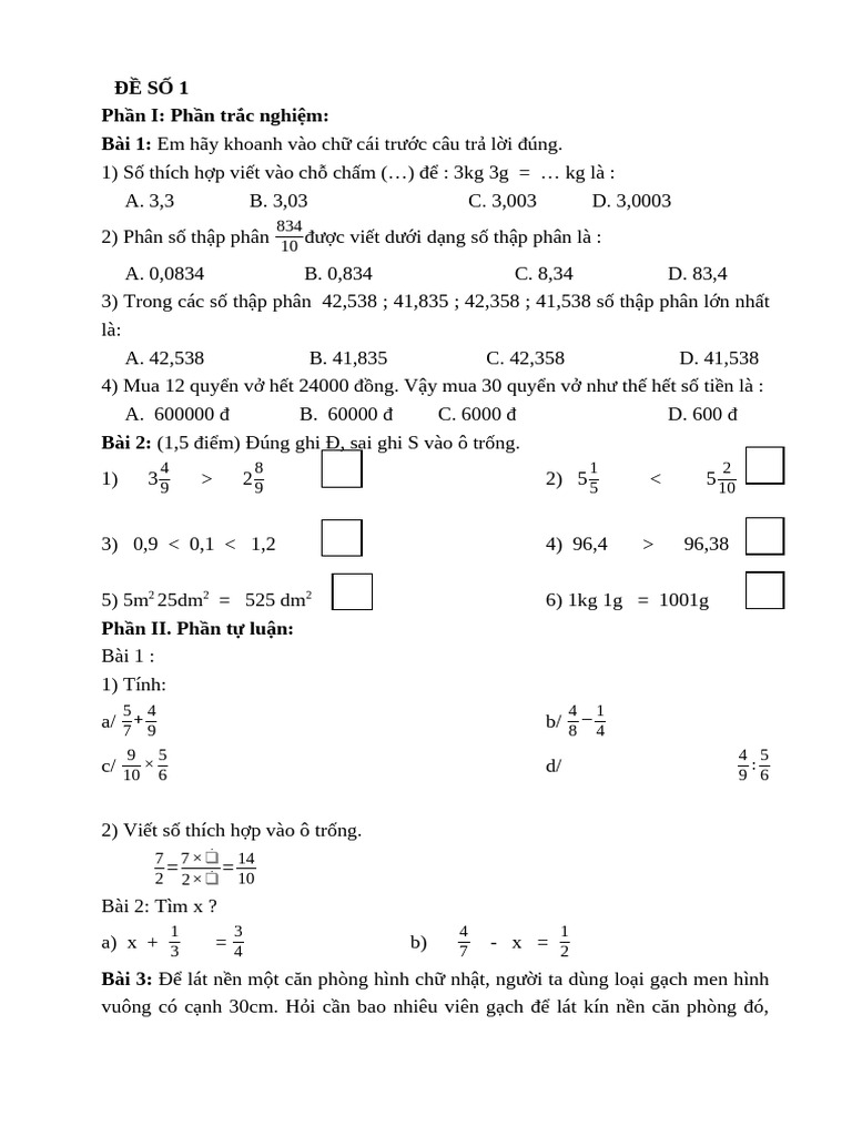 ĐỀ SỐ 1 ôn gk1 toán 5 | PDF