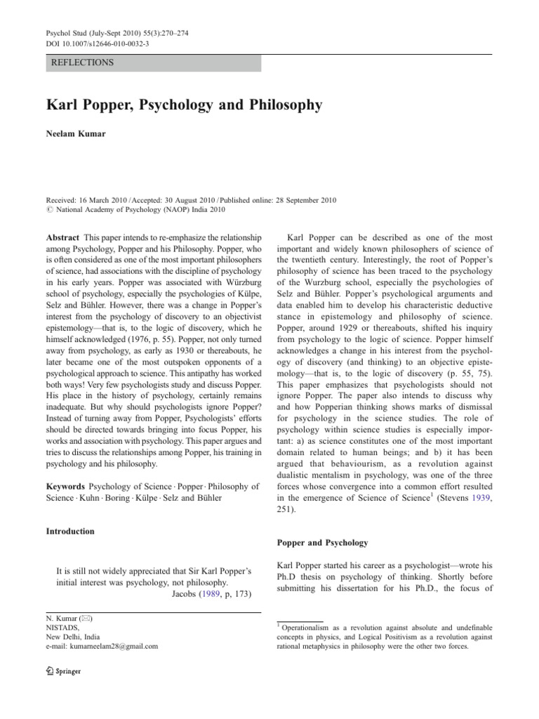 Kumar 2010 PopperPsychologyAndPhiloso | PDF | Karl Popper | Science