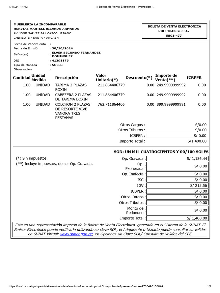 Boleta de Venta Electronica - EB01-477 | PDF
