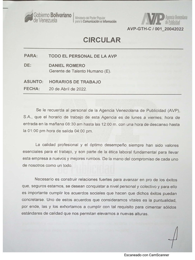 Circular de Horario de Trabajo de AVP | PDF Circular de Horario de Trabajo de AVP | PDF