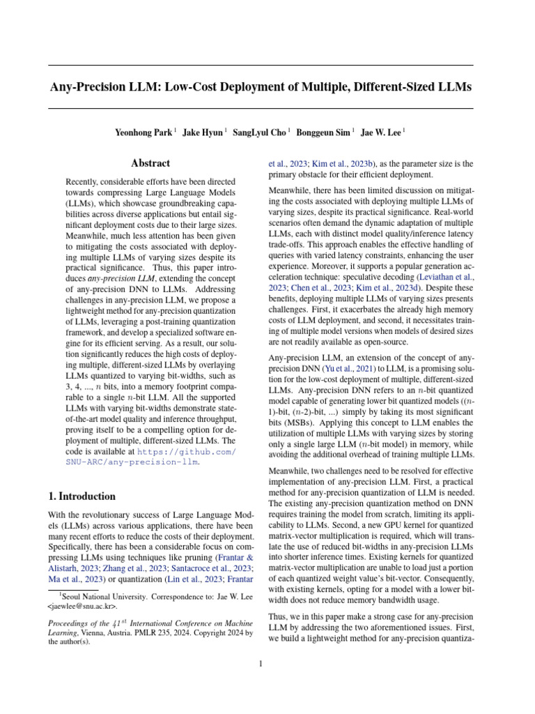Any-Precision LLM: Low-Cost Deployment of Multiple, Different-Sized ...