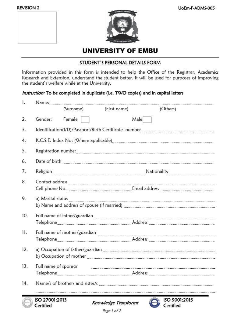 Form 005 Students Personal Details Form | PDF