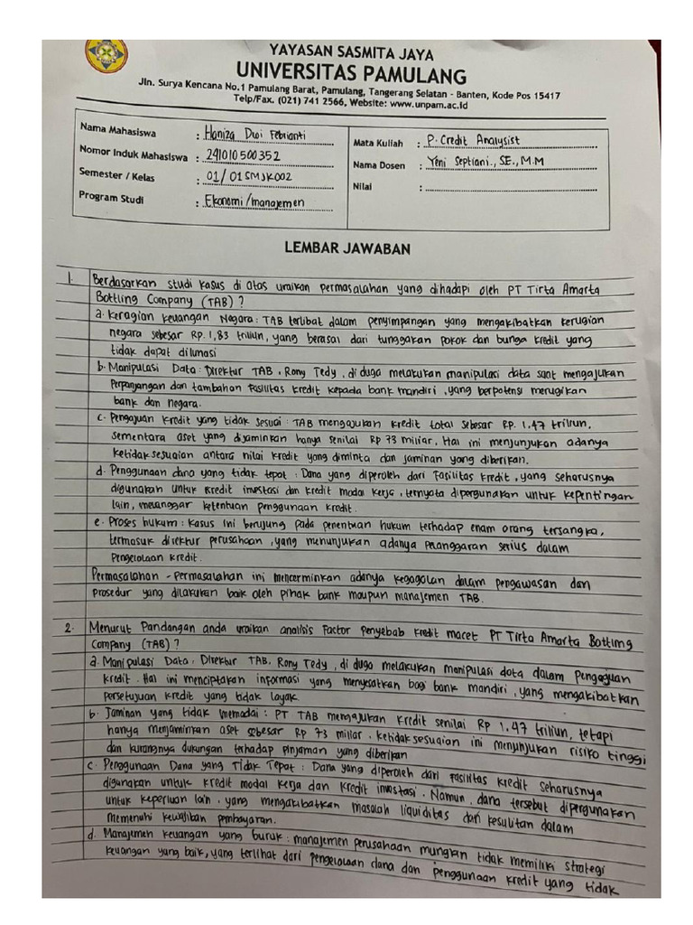 Haniza Dwi Febrianti - Jawaban Uts Analisis Creadit | PDF