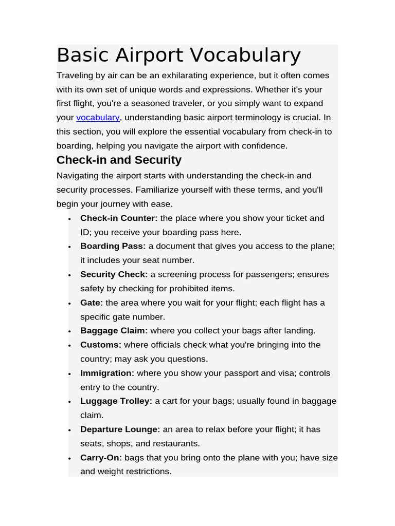 Basic Airport Vocabulary | PDF | Airport | Transport