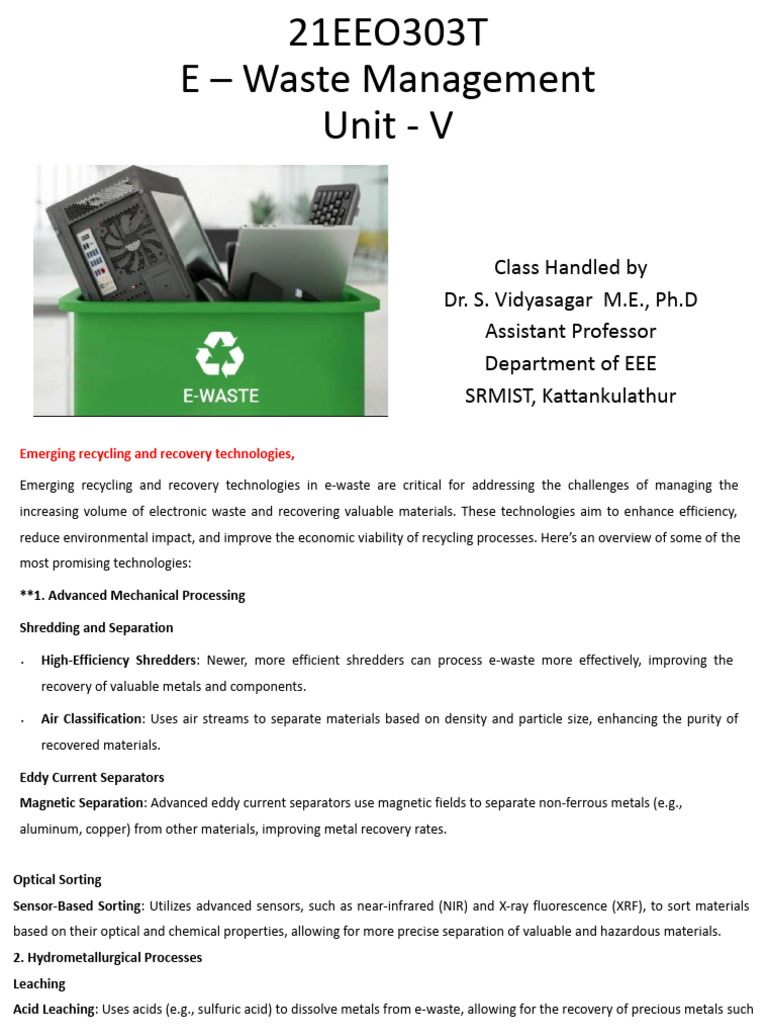 21EEO303T Unit V .PPTX - 2 | PDF | Electronic Waste | Life Cycle Assessment