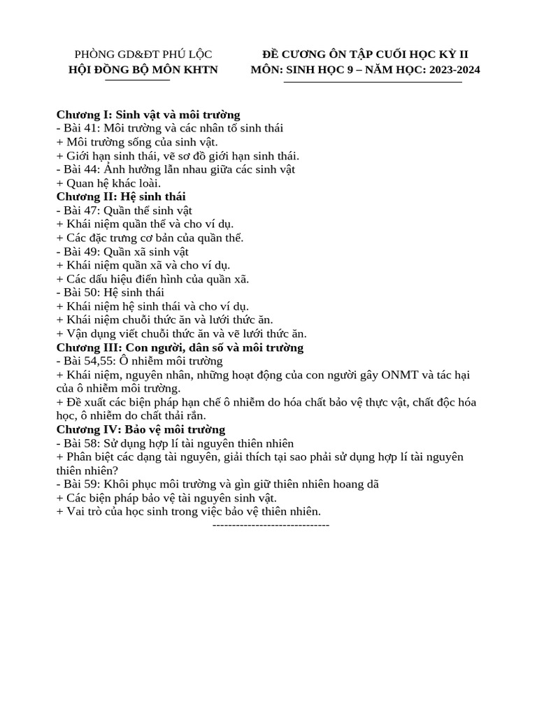 Đề Cương Ôn Tập Cuối Hk2-Sinh Học 9-2023-2024 | PDF