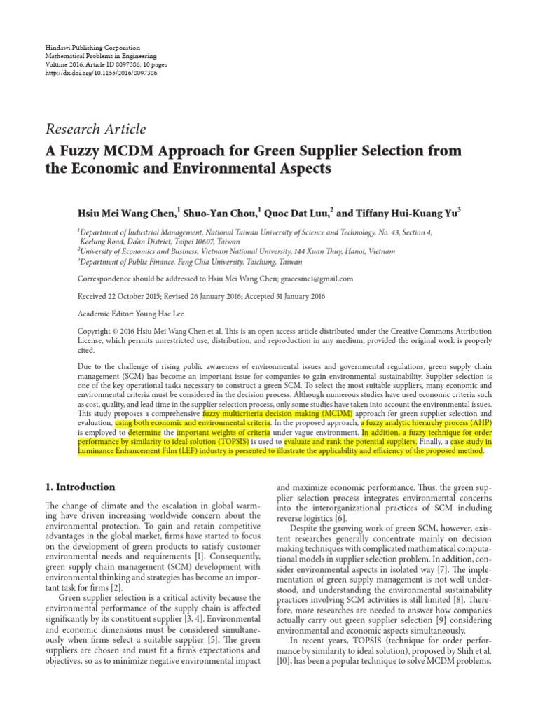 A Fuzzy Mcdm Approach For Green Supplier Selection Pdf Supply Chain Management Fuzzy Logic