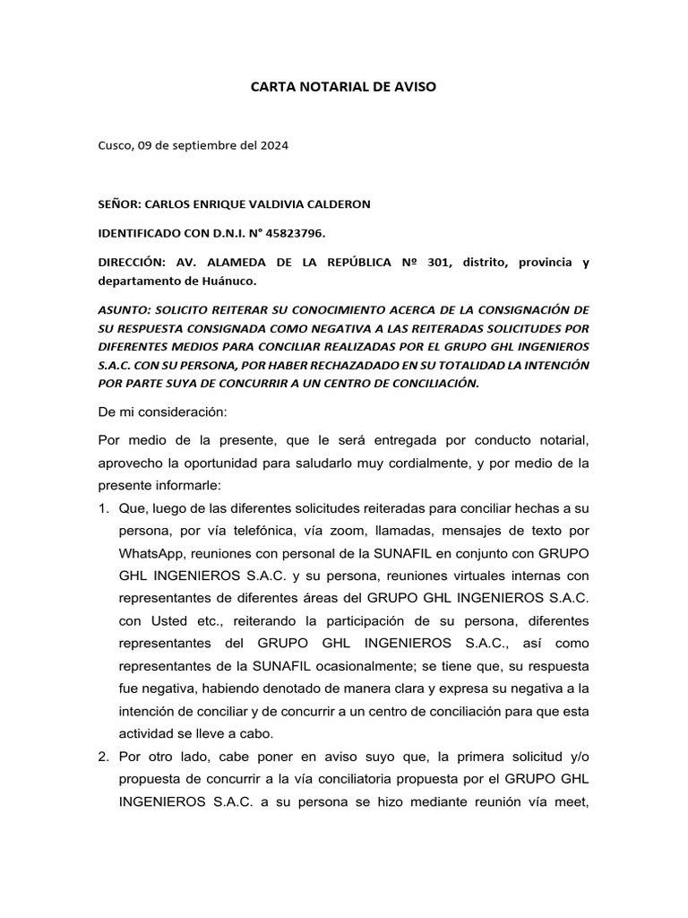 Carta Notarial de Aviso de GHL Con Carlos | PDF | Documento de identidad