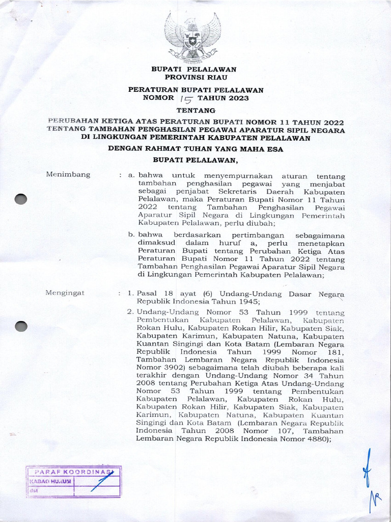 15 Tahun 2023 TTG Perubahan Ketiga Perbup No 11 TH 2022 TTG TPP ASN - 0001 | PDF