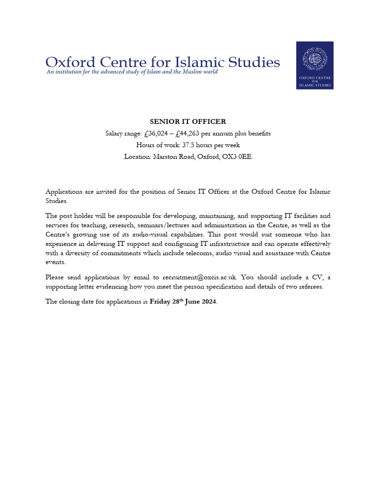Senior IT Officer Position at Oxford Centre | PDF | Libraries | Hyper V