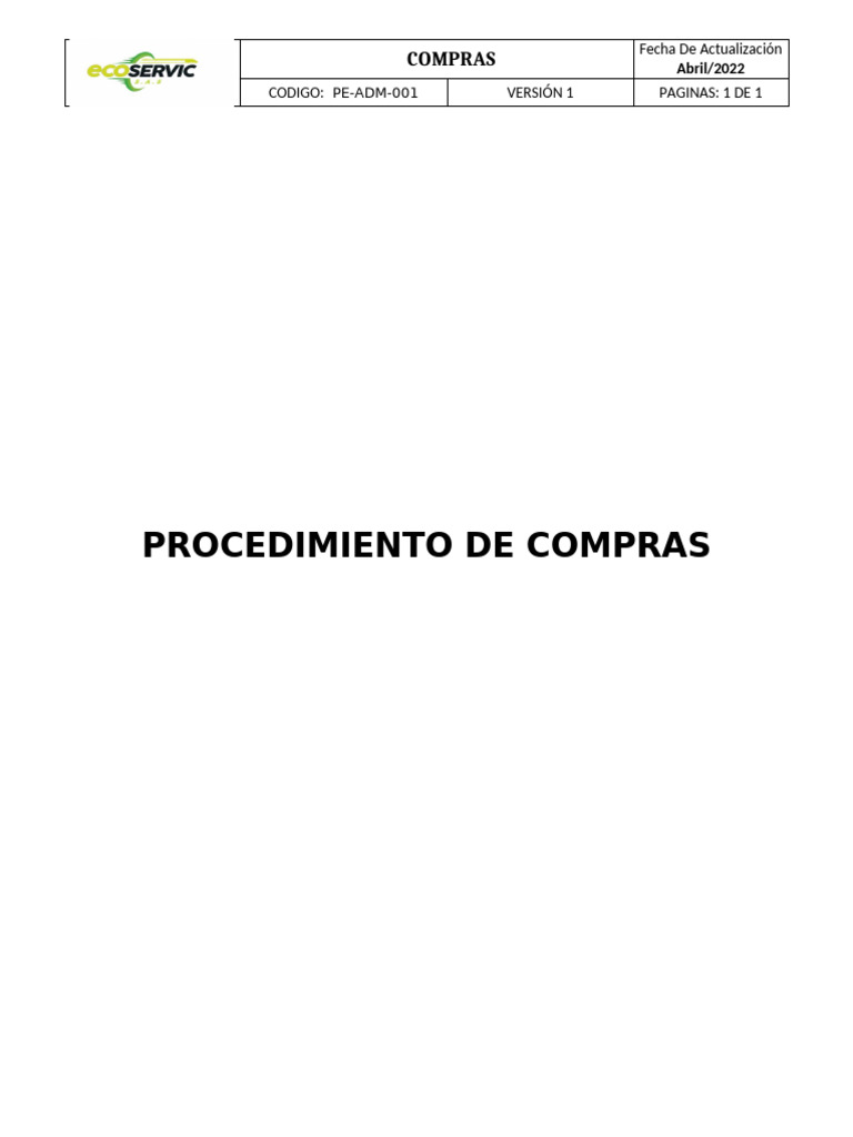 PE-ADM-001 Procedimiento de Compras | PDF | Contabilidad | Factura