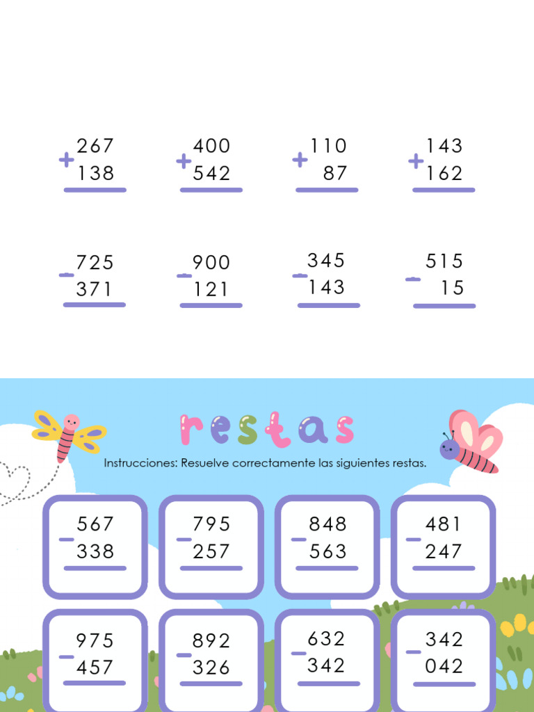 Hoja de Trabajo Sumas y Restas Primavera Colorido PDF | PDF