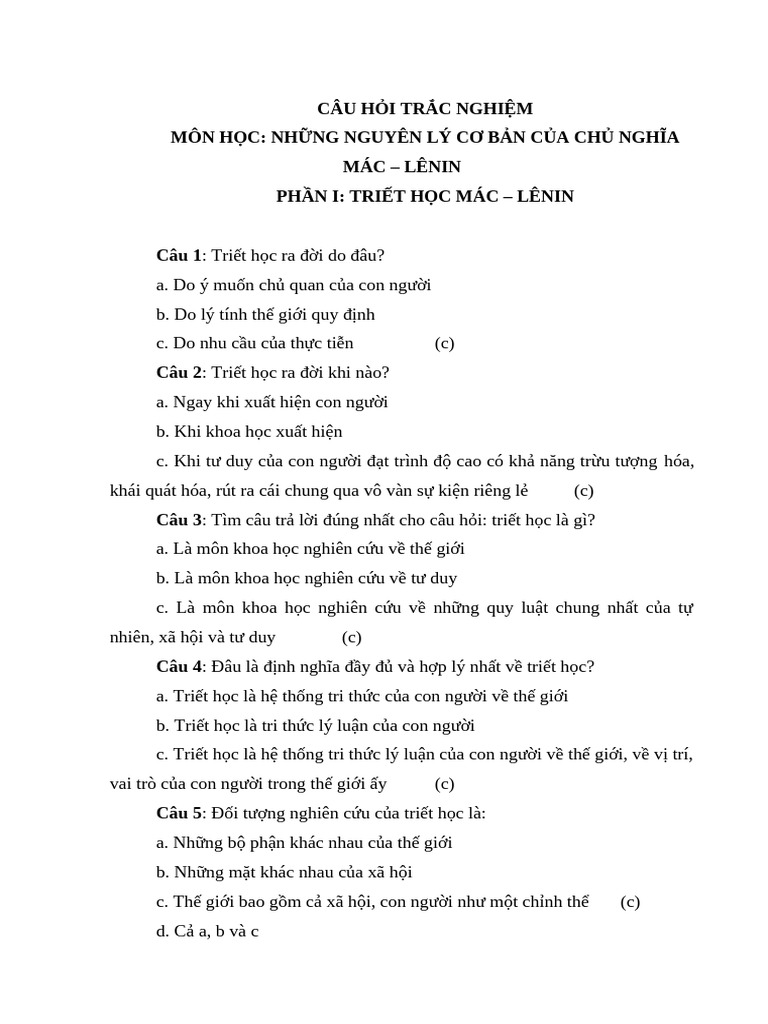 Tap Cau Hoi Trac Nghiem Mon Triet Hoc Mác - Lênin | PDF