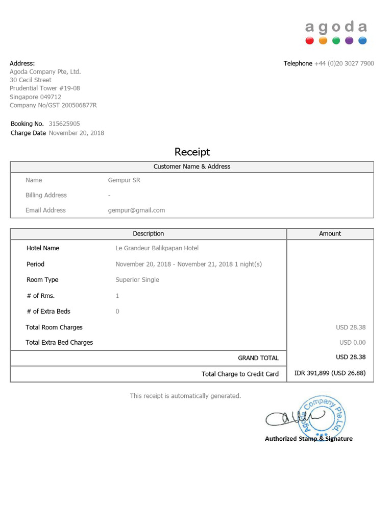 Agoda Booking ID 315625905 RECEIPT Enclosed | PDF