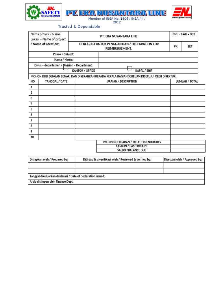 Enl Fak 003 Deklarasi Untuk Penggantian Declaration For Reimbursement | PDF