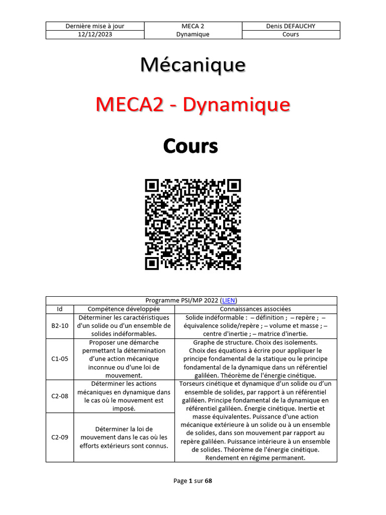 MECA2 - Dynamique - Cours | PDF | Lois du mouvement de Newton | Centre ...
