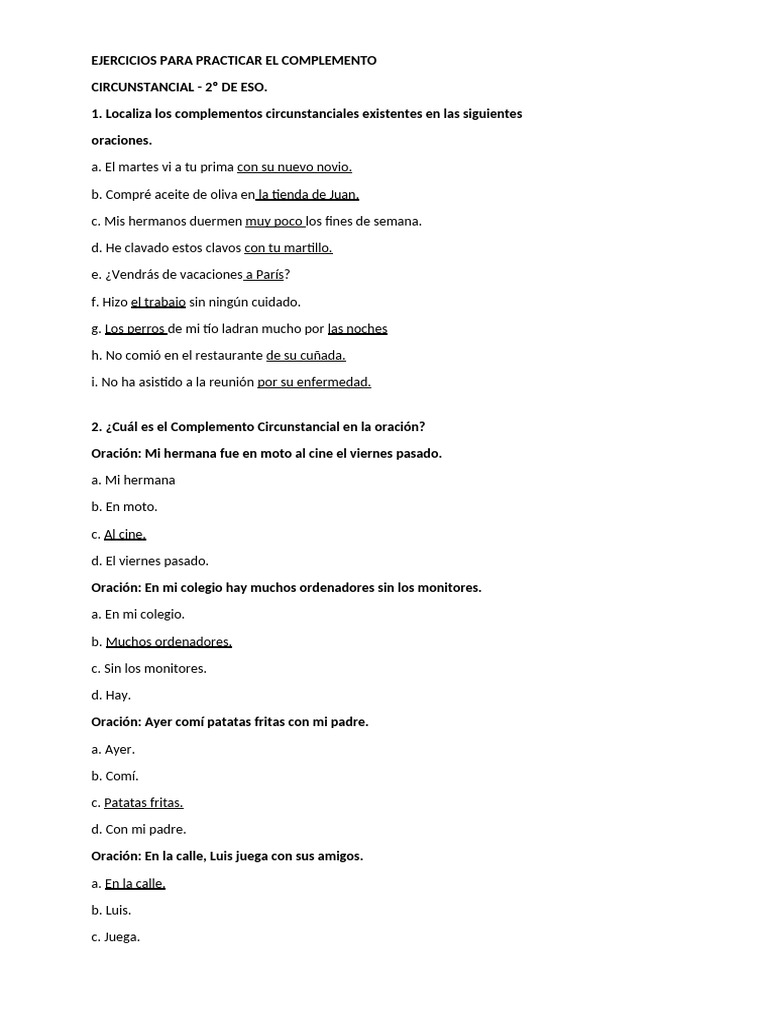 Ejercicios Complemento Circunstancial | PDF