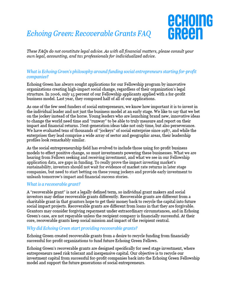Echoing Green Recoverable Grant Faq | PDF | Entrepreneurship | Social ...