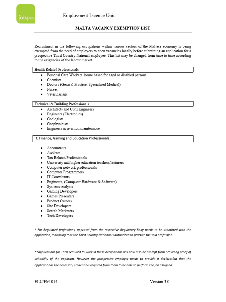 Malta Job Exemption List 2023 | PDF