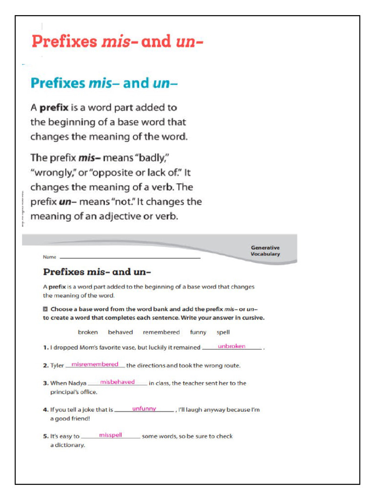 Prefix Un and Mis | PDF | Language Arts & Discipline